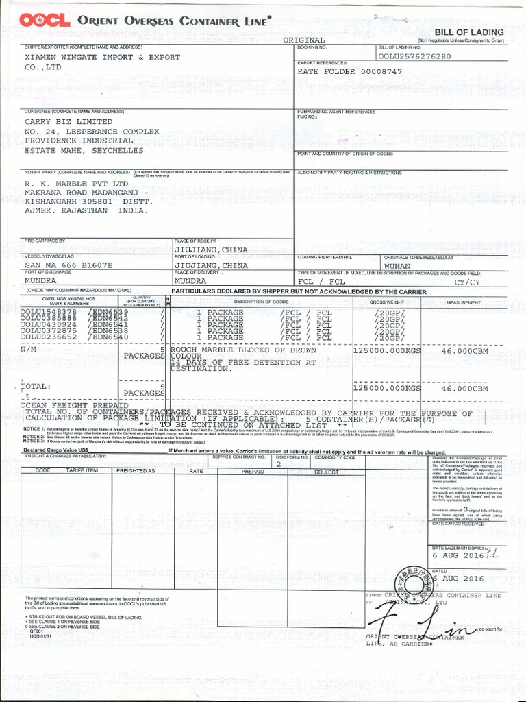 Bill of Lading Oocl | PDF