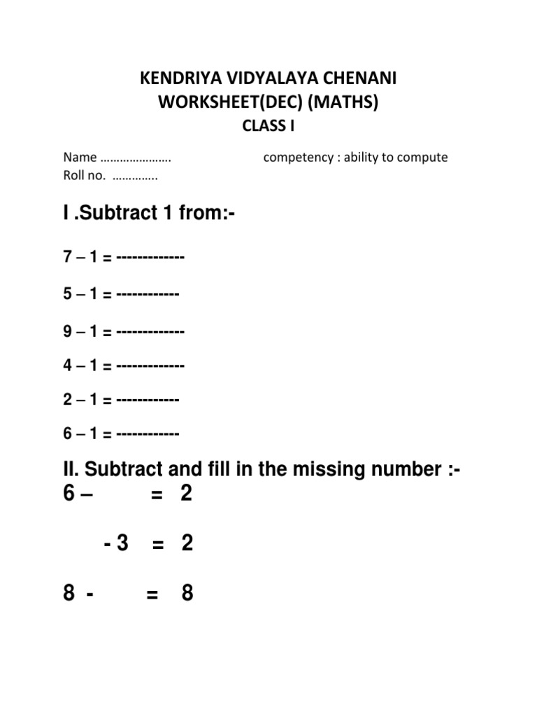 Class 1 Maths Worksheet | PDF