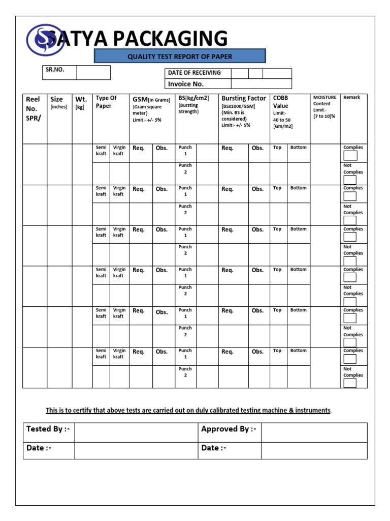 Satya Packaging: Quality Test Report of Paper | PDF