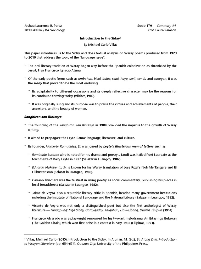 Summary of Michael Carlo Villas' Introduction To The Siday (2015) | PDF | Human Communication ...
