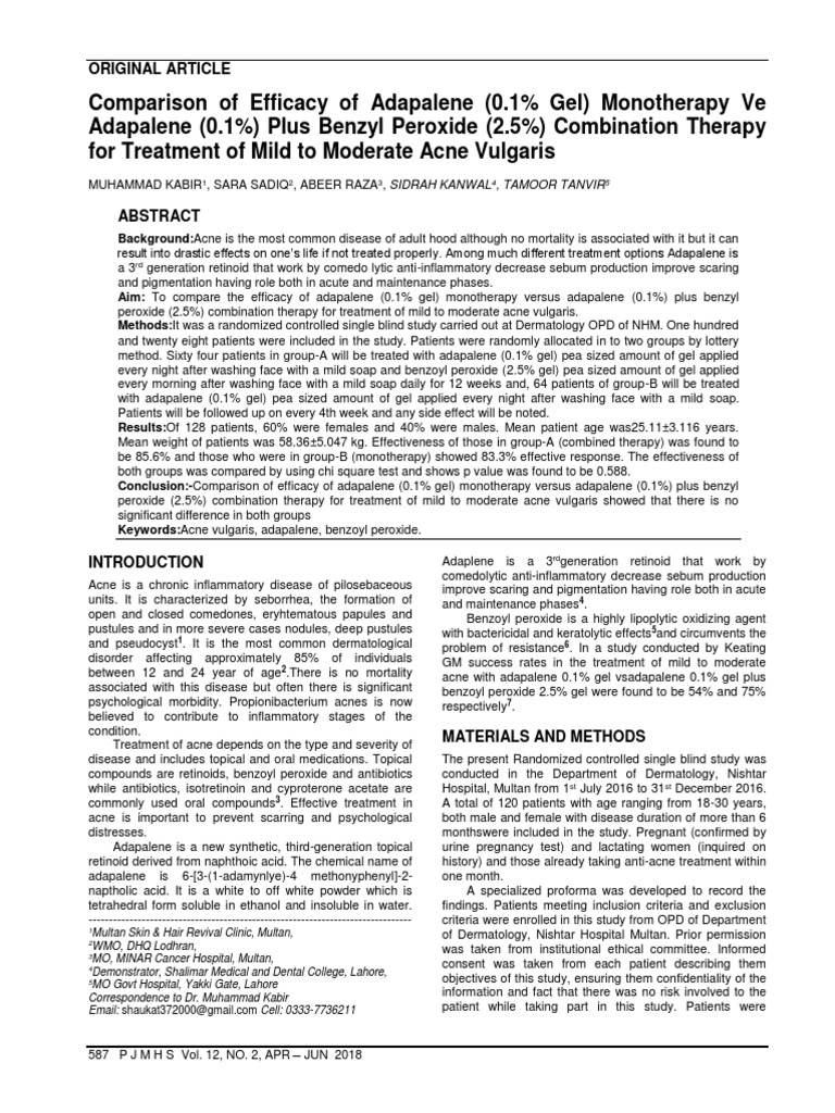 Comparison of Efficacy of Adapalene (0.1% Gel) Monotherapy Ve Adapalene ...