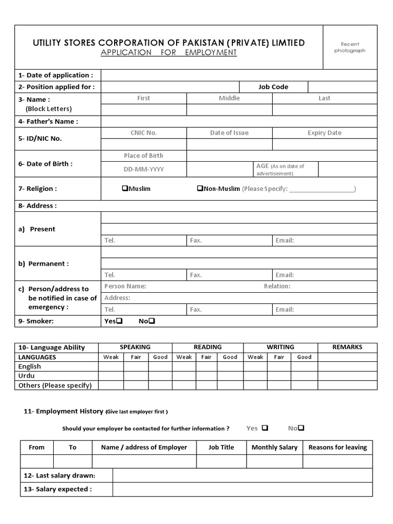 Employment Application Form for Utility Stores | PDF | Employment ...