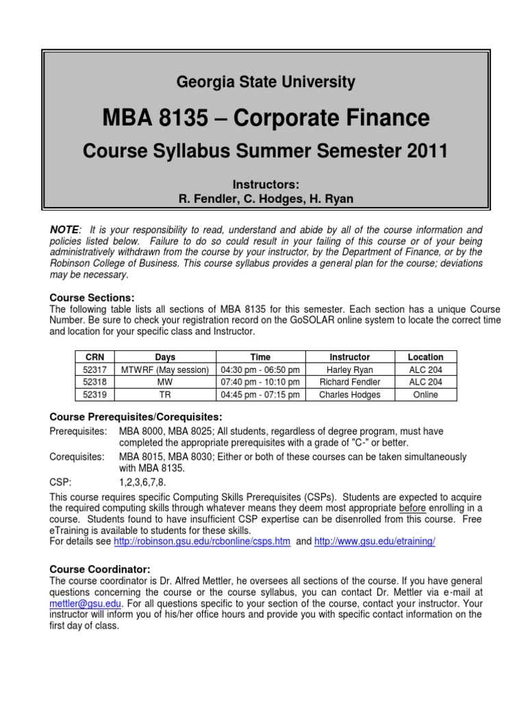 MBA 8135 - Corporate Finance: Course Syllabus Summer Semester 2011 ...