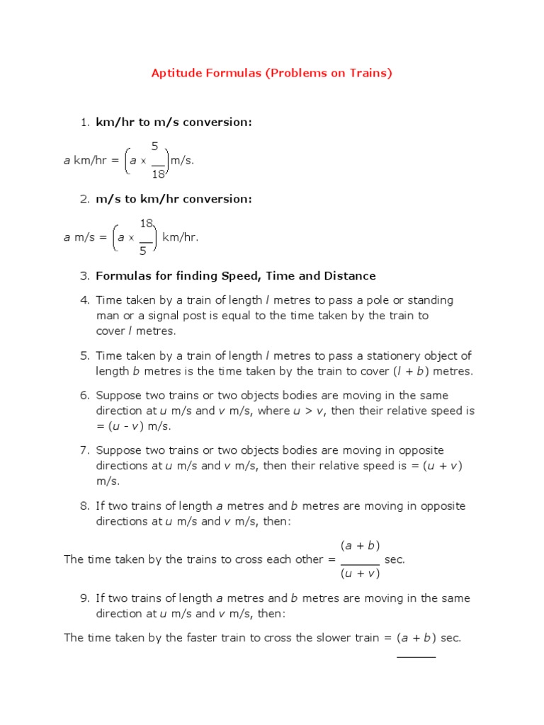 Aptitude Formulas for Train Problems | PDF | Metre | Speed