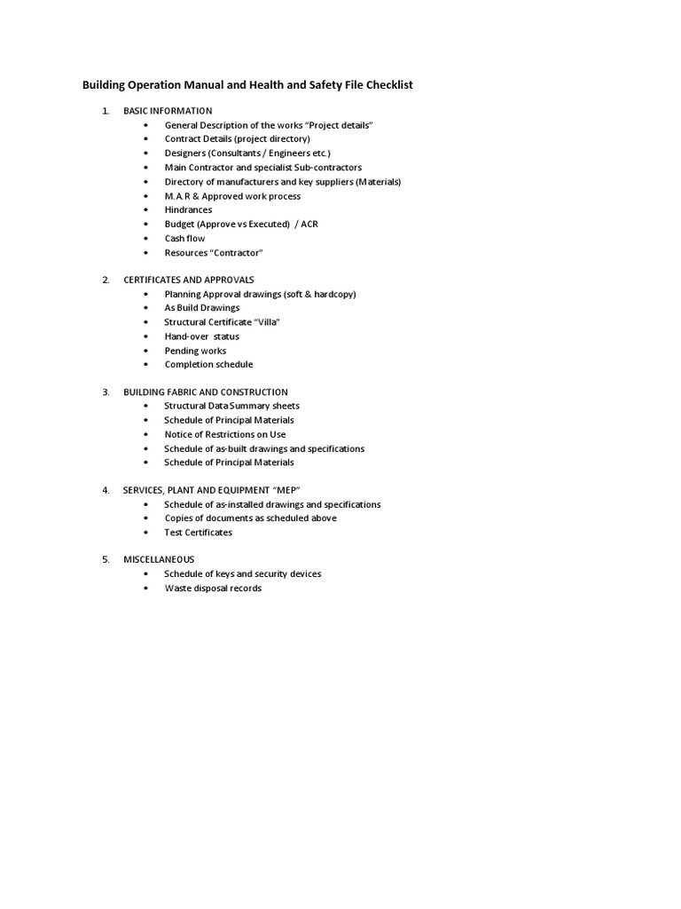 Building Operation Manual and Health and Safety File Checklist | PDF