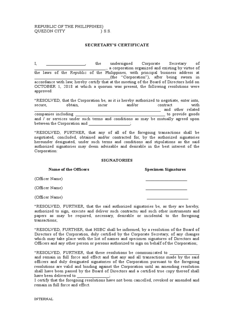 Corporate Secretary's Certificate Sample | PDF | Contractual Term ...