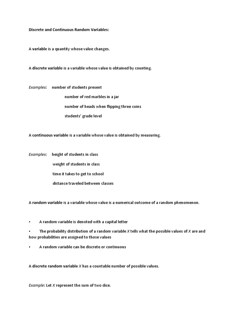 Discrete and Continuous Random Variables | PDF | Random Variable ...