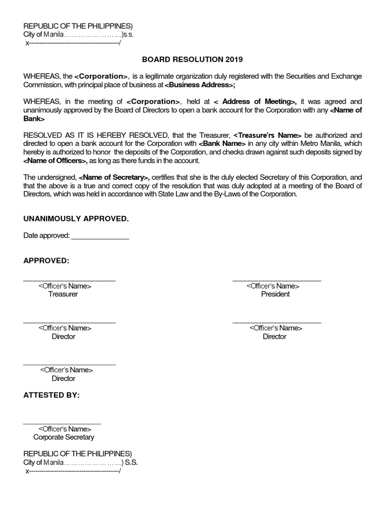 Sample Board Resolution For Bank Account Opening | PDF | Board Of ...
