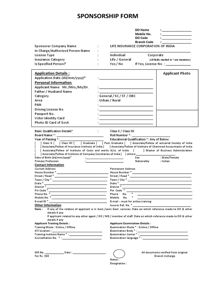 Sponsorship Form: Application Details: Applicant Photo Personal ...