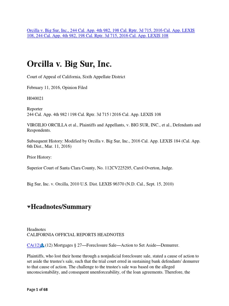 Orcilla v. Big Sur, Inc.: Headnotes/Summary | PDF | Deed Of Trust (Real ...