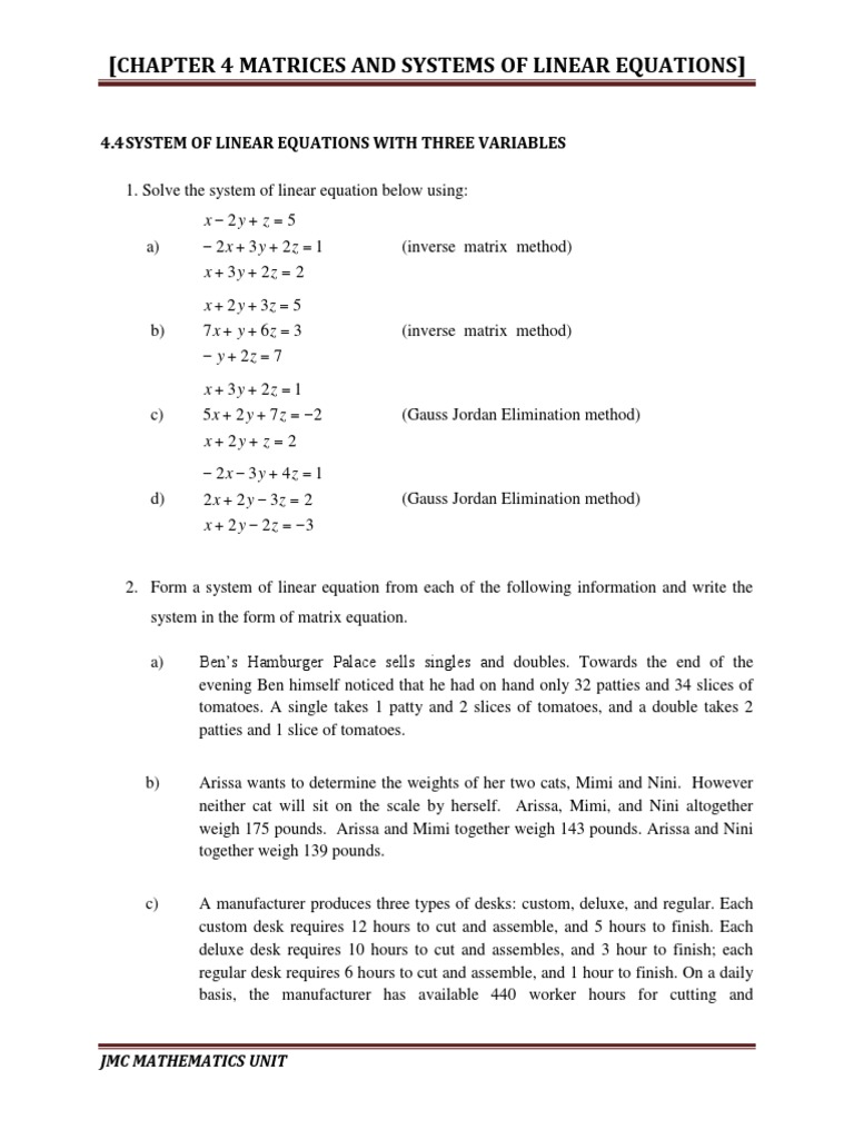 Solving Linear Equations with Matrices | PDF | Matrix (Mathematics ...