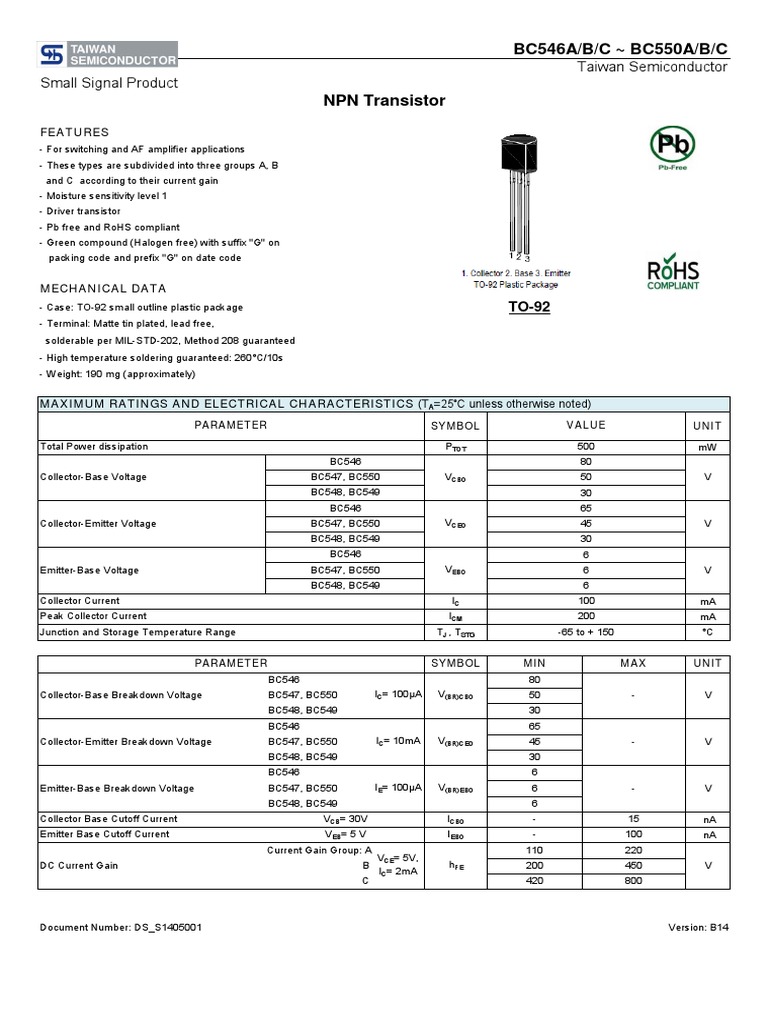 BC546 BC547 BC548 BC549 BC550 A B C Series Taiwan Semiconductor | PDF | Bipolar Junction ...