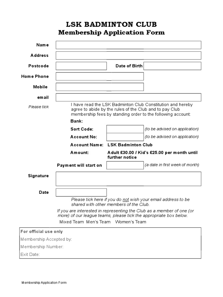 LSK Badminton Club Membership Form | PDF
