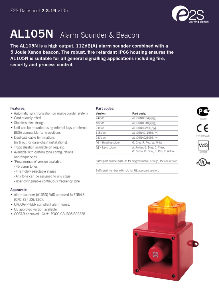 E2s Al105 Alarm Sounder Beacon Data Sheet | PDF | Alternating Current ...