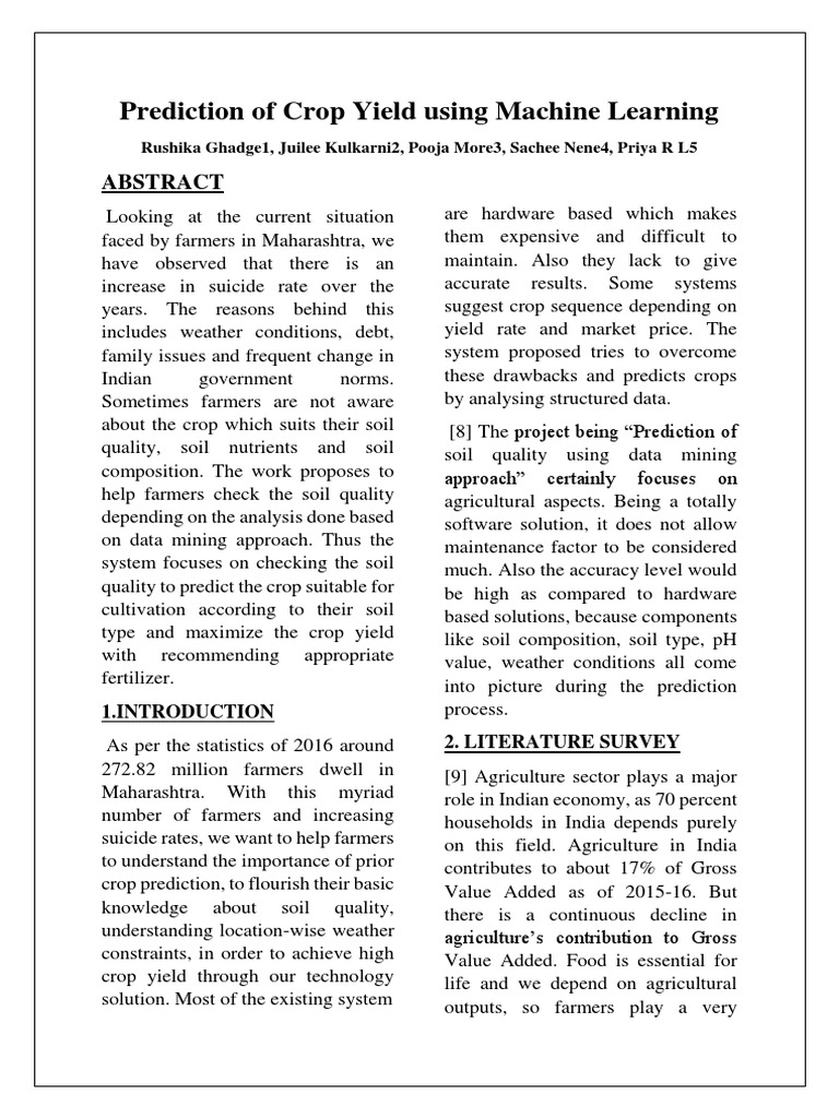 Prediction of Crop Yield Using Machine Learning: Rushika Ghadge1 ...