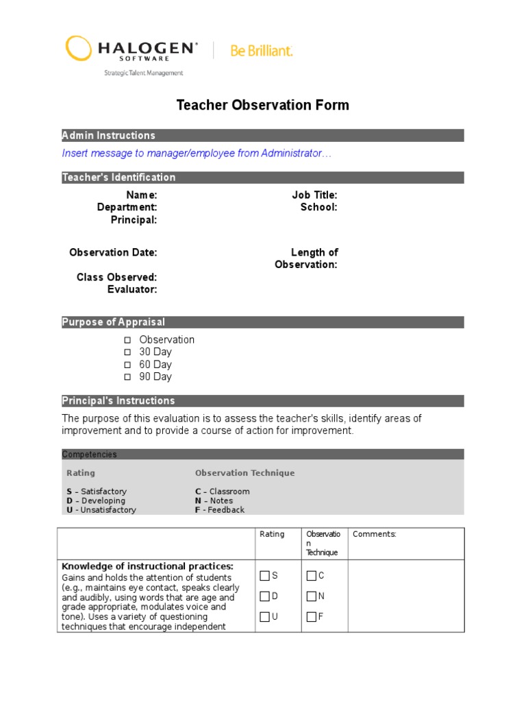 Teacher Observation Form: Admin Instructions | PDF | Teaching Method ...