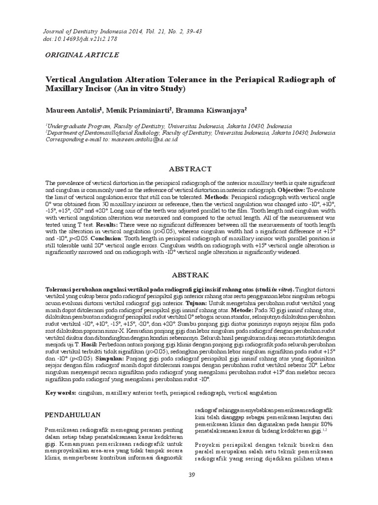 Vertical Angulation Alteration Tolerance in The Periapical Radiograph ...