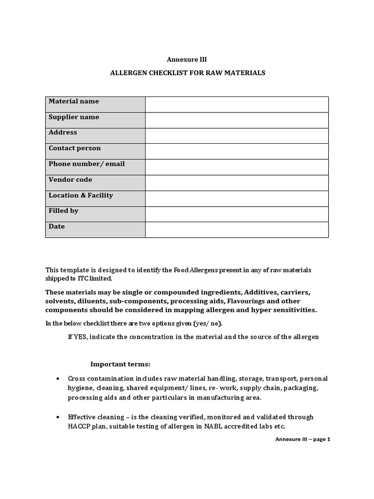 Allergen Declaration Format NEW As Per Regulatory | PDF | Food Allergy ...