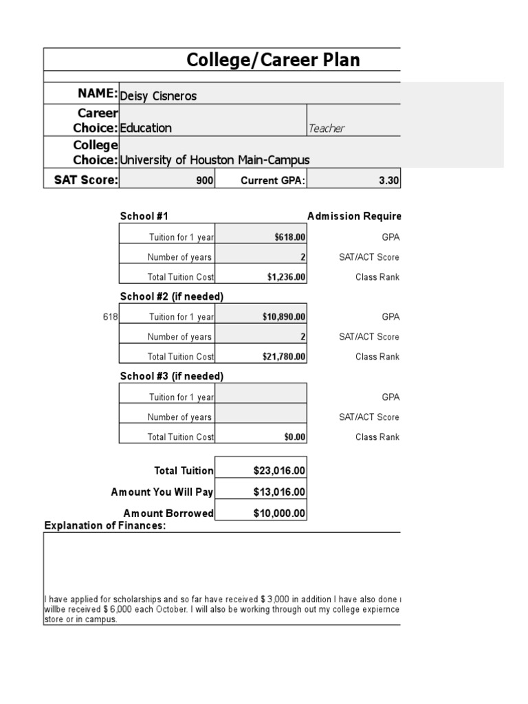 College/Career Plan: Education University of Houston Main-Campus | PDF ...