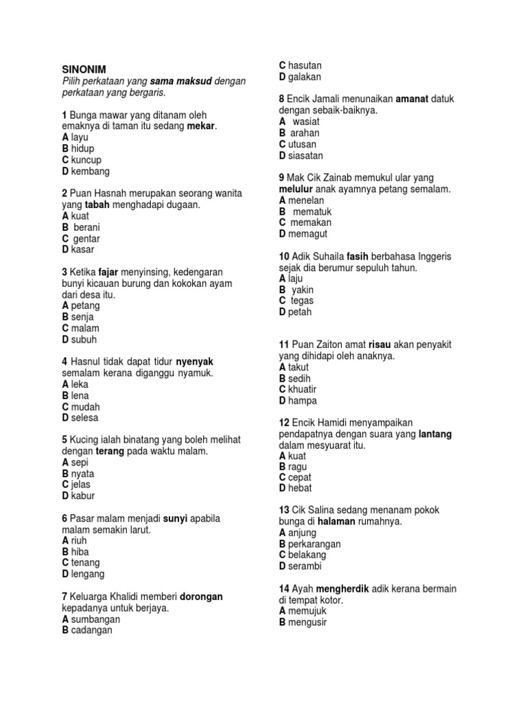 Soal Sinonim untuk Pelajar | PDF