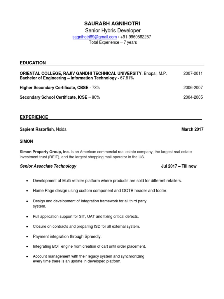Senior Hybris Developer Resume | PDF | Point Of Sale | Business Process