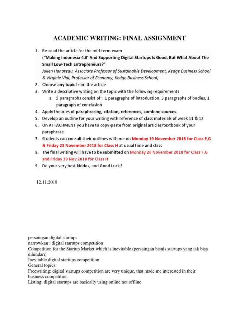 Academic Writing: Final Assignment: 1. Re-Read The Article For The Mid ...