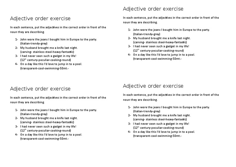 Adjective Order Practice Exercises | PDF | Adjective | Syntactic ...