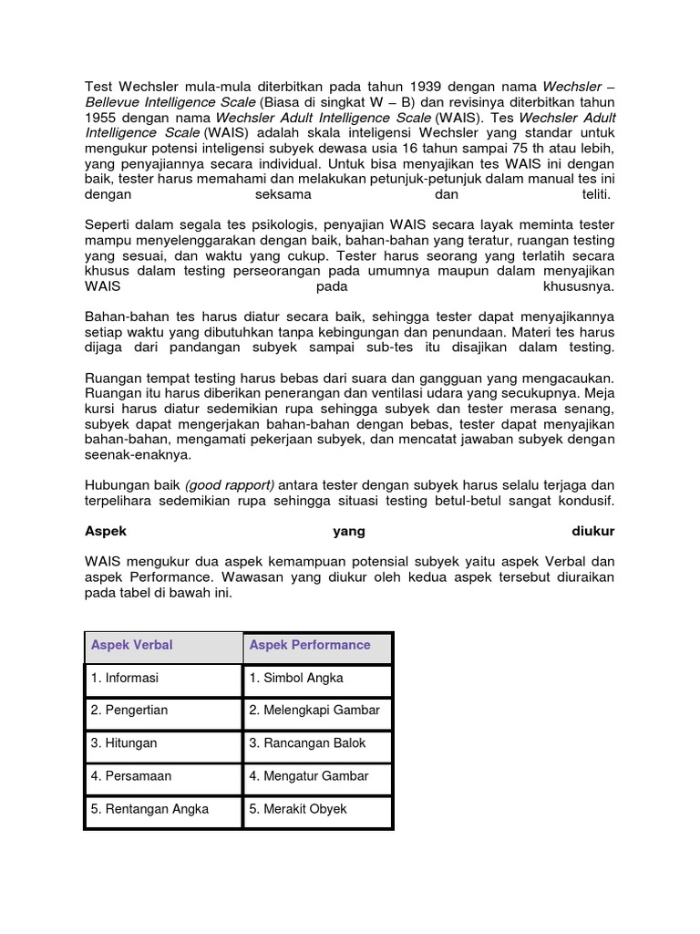 Panduan Tes WAIS dan Skoring IQ | PDF