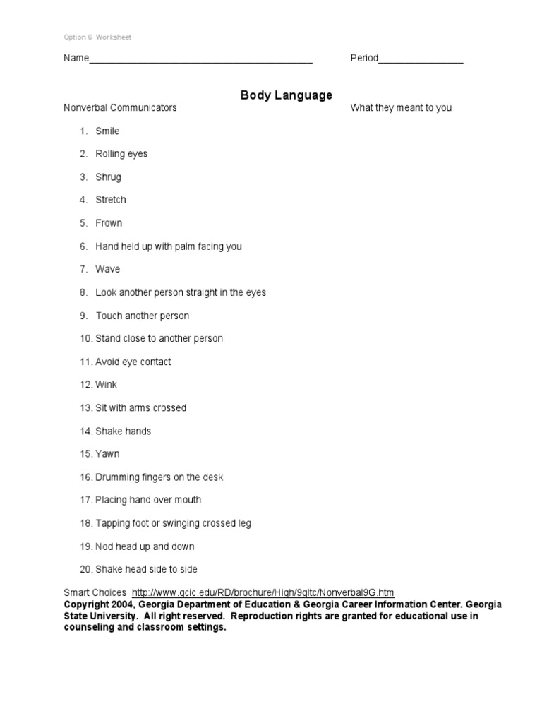 Body Language: Option 6 Worksheet | PDF