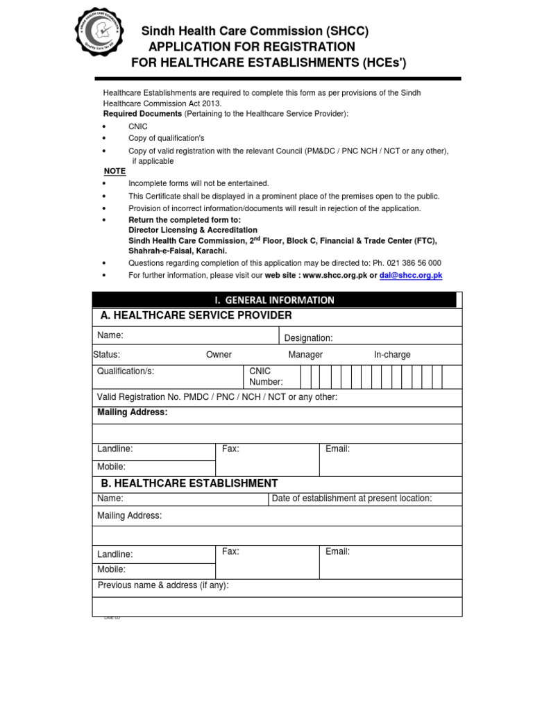 SHCC Application For Registration HCE PDF | PDF | Health Care | Government