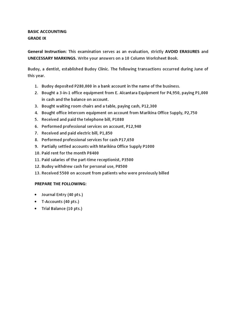 BASIC ACCOUNTING Exam | PDF | Debits And Credits | Service Industries