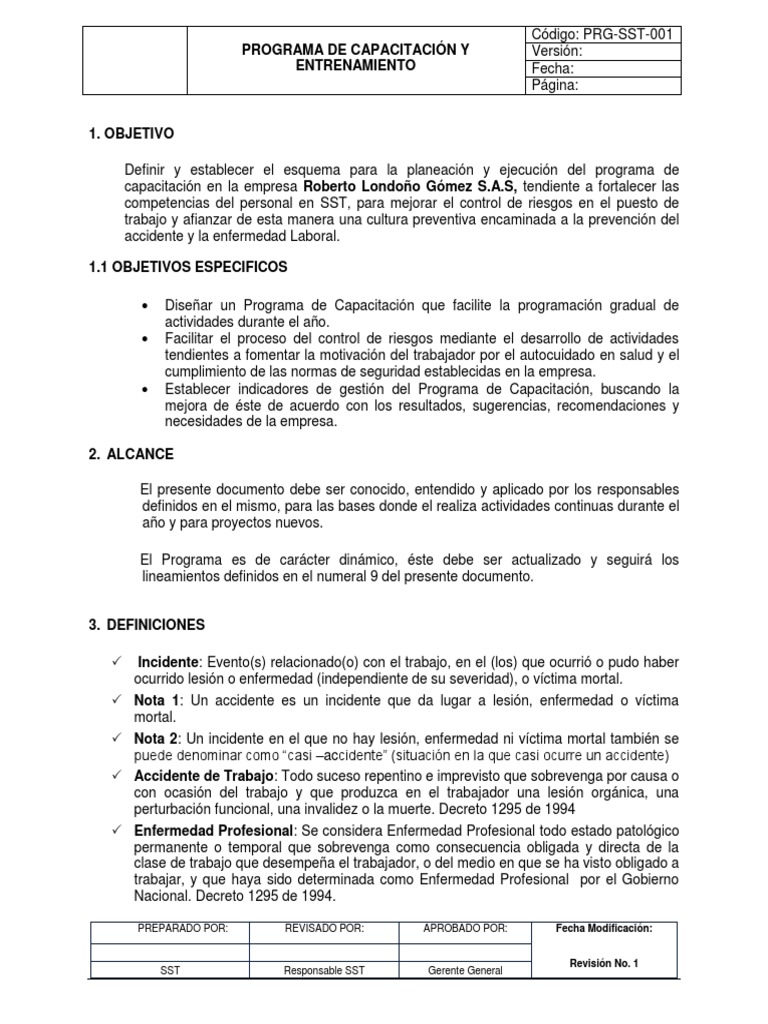 Programa De Capacitación Y Entrenamiento Pdf Seguridad Y Salud