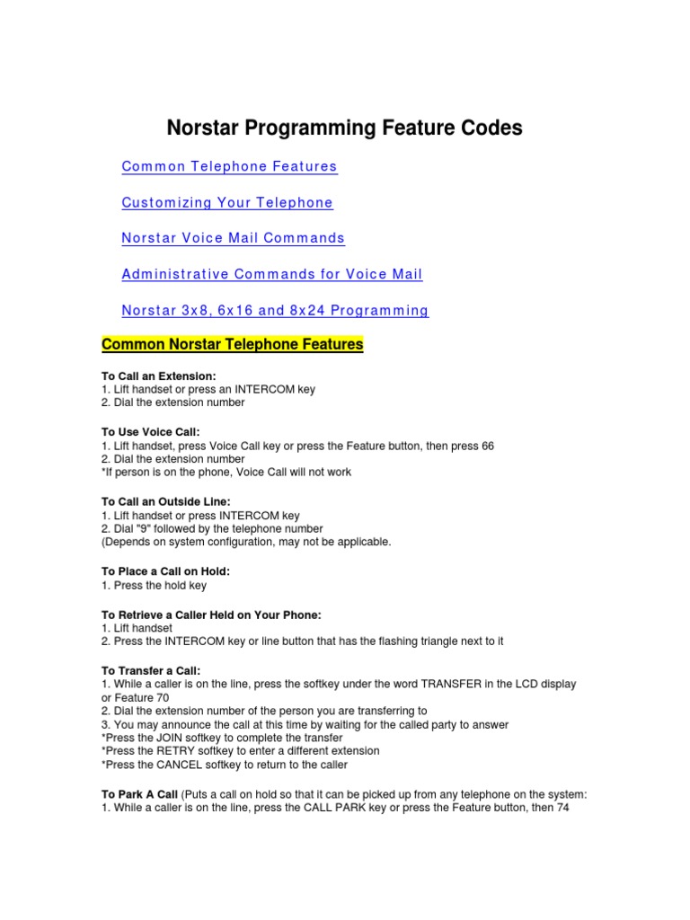 Norstar Programming Feature Codes | PDF | Telephone Call | Voicemail
