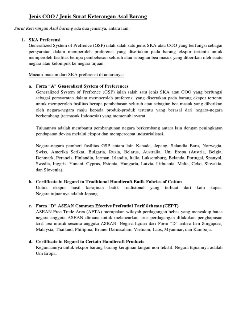 Jenis COO-SKA Surat Keterangan Asal Barang | PDF
