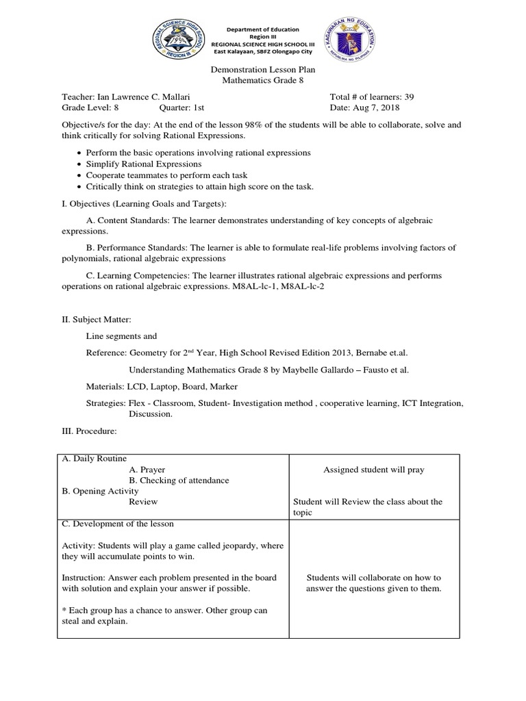 1st Grading G8 Lesson Plan 2019 - Rational Algebraic Expressions | PDF ...