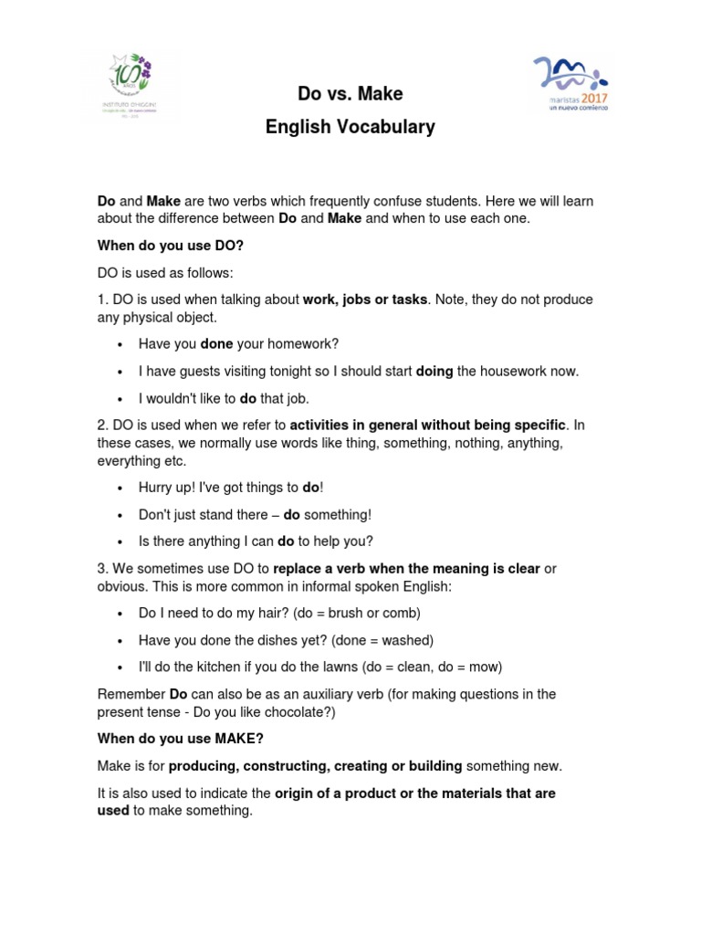 Do vs. Make English Vocabulary: Do and Make Are Two Verbs Which ...