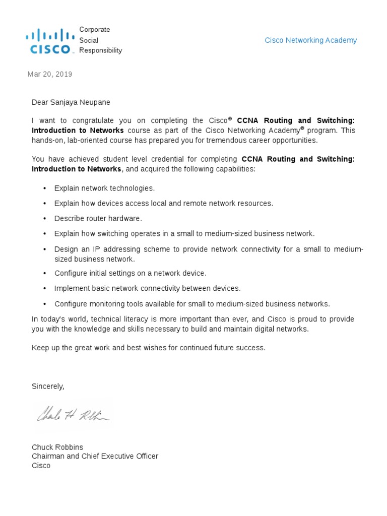 Introduction To Networks Course As Part of The Cisco Networking Academy ...