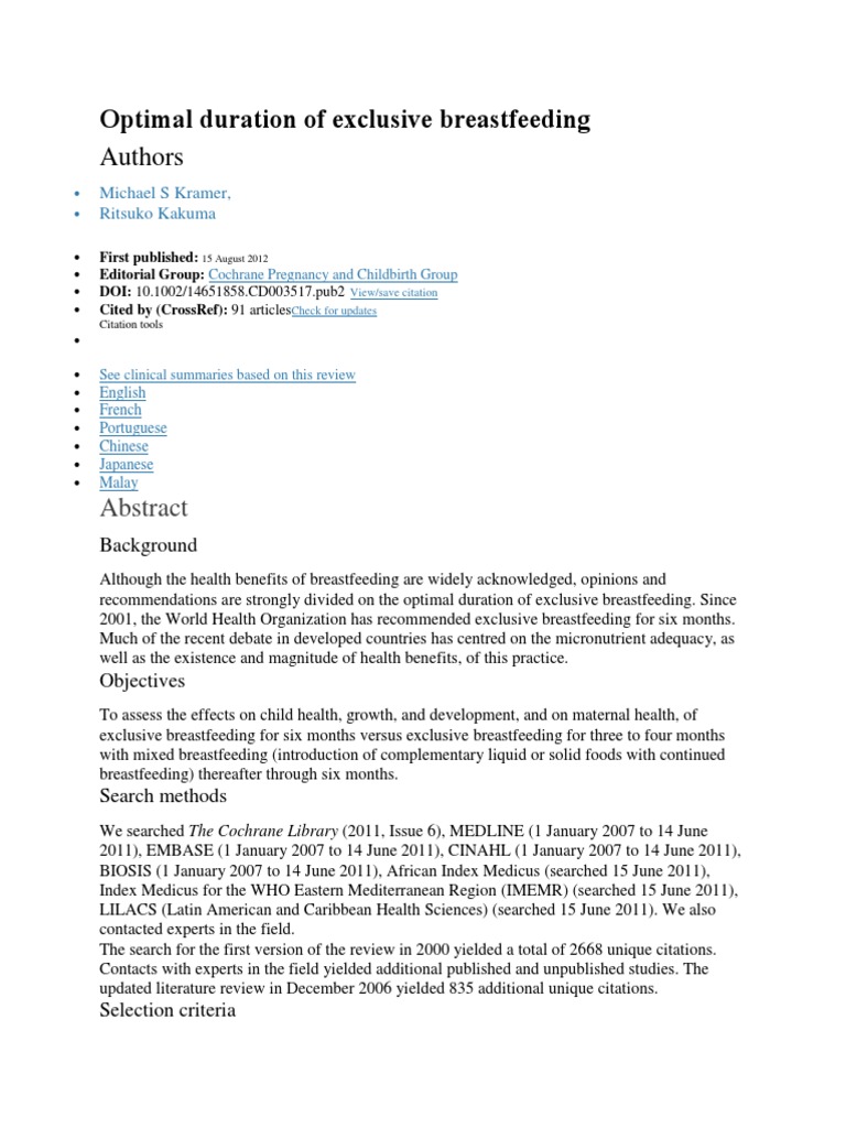 Optimal Duration of Exclusive Breastfeeding | PDF | Breastfeeding ...