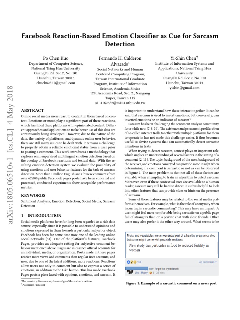 Facebook Reaction-Based Emotion Classifier As Cue For Sarcasm Detection ...