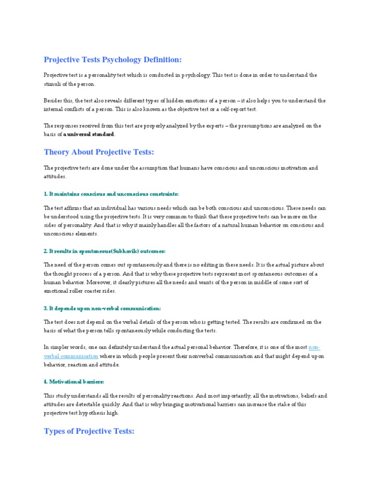 Projective Tests Psychology | PDF | Behavioural Sciences | Psychology