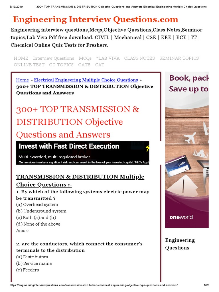 Transmission & Distribution Objective Questions and Answers | PDF ...