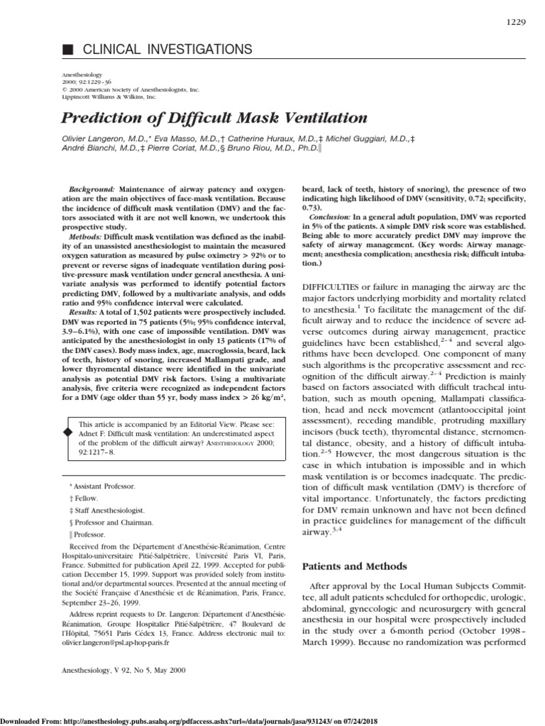 Prediction of Difficult Mask Ventilation: Clinical Investigations | PDF ...