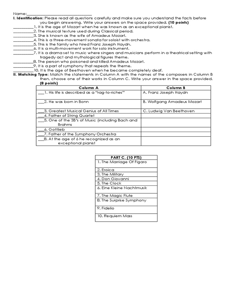Quiz Classical Period | PDF | Wolfgang Amadeus Mozart | Classical ...