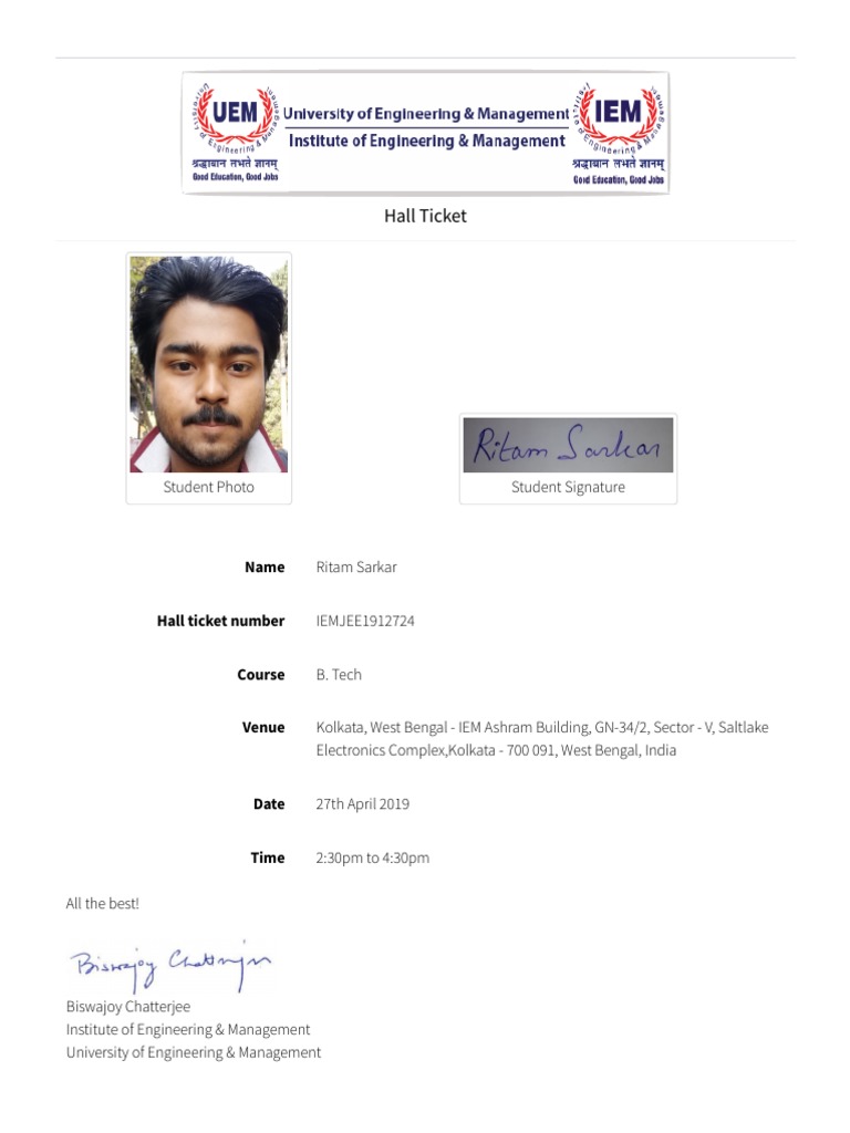 Hall Ticket - IEMJEE 2019 | PDF
