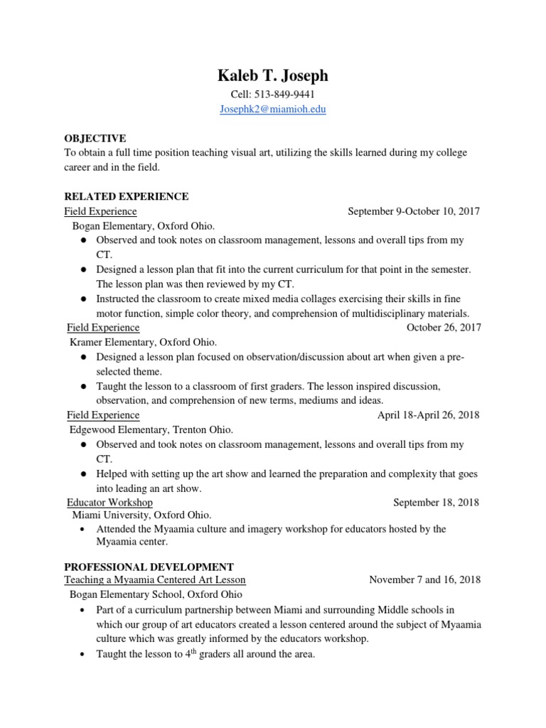 Kaleb Joseph Resume | PDF | Lesson Plan | Visual Arts Education