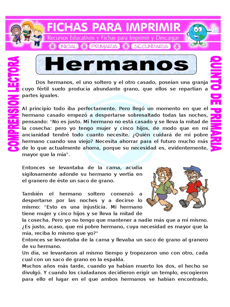 Ficha Los Hermanos para Quinto de Primaria | PDF | Comprensión lectora