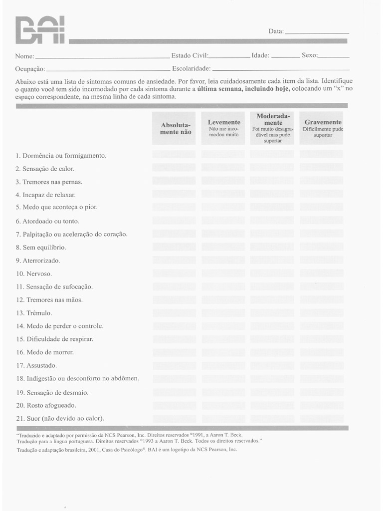 ESCALA BECK - BAI - Escala Beck de Ansiedade - Aaron Beck PDF | PDF