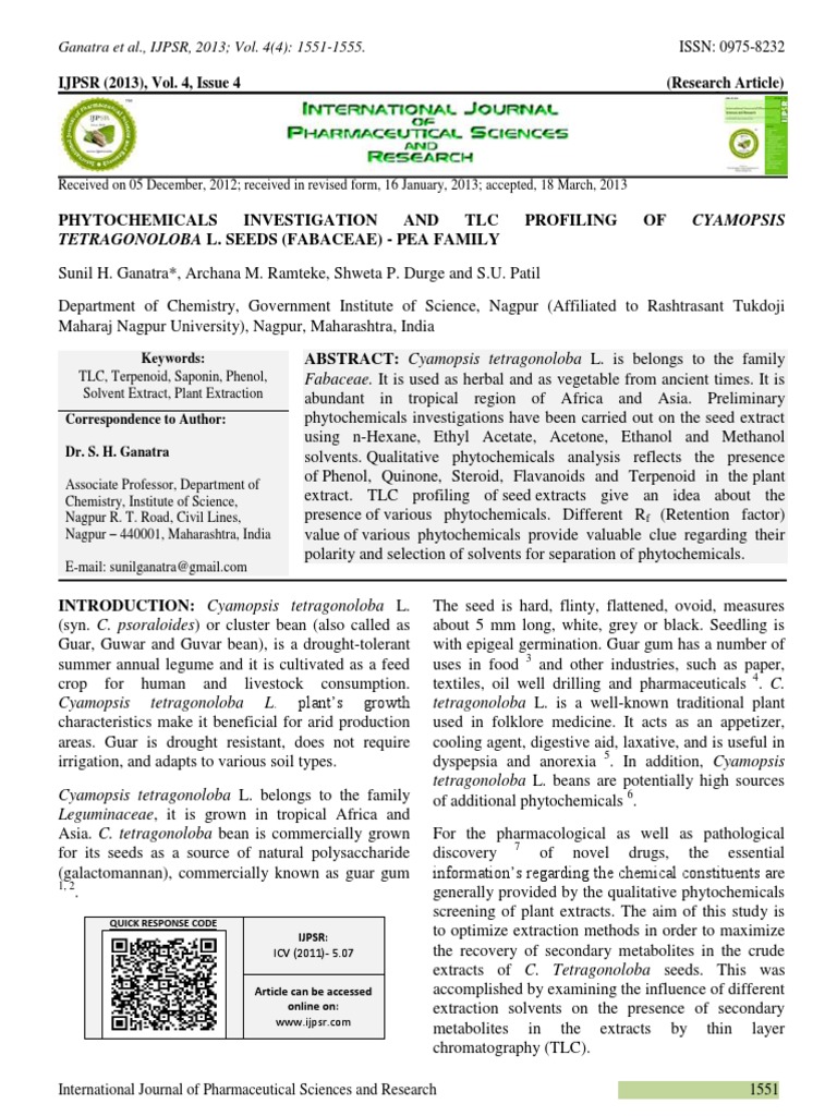 Phytochemicals Investigation AND TLC Profiling OF: Cyamopsis Tetragonoloba L. Seeds (Fabaceae ...