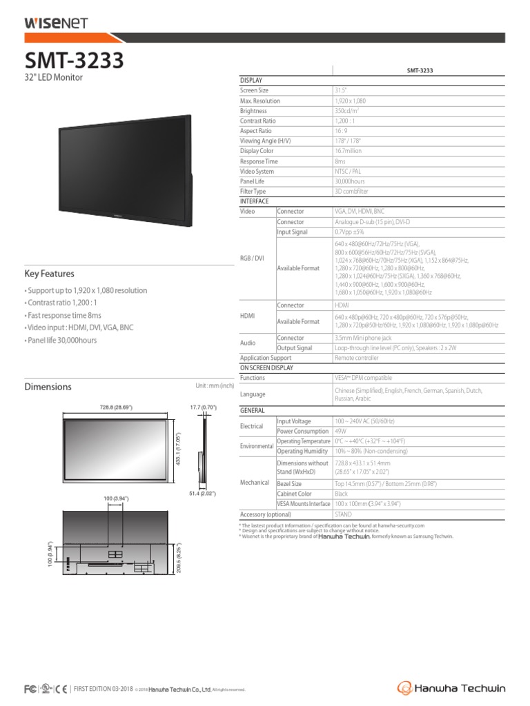 Samsung Wisenet SMT 3233 Data Sheet | PDF | Computer Monitor | Hdmi