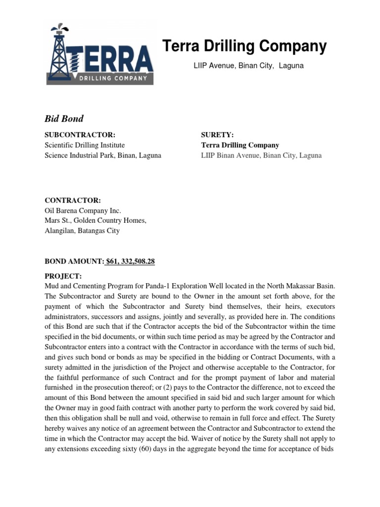 Terra Drilling Bid Bond for Panda-1 Exploration Well | PDF | General ...